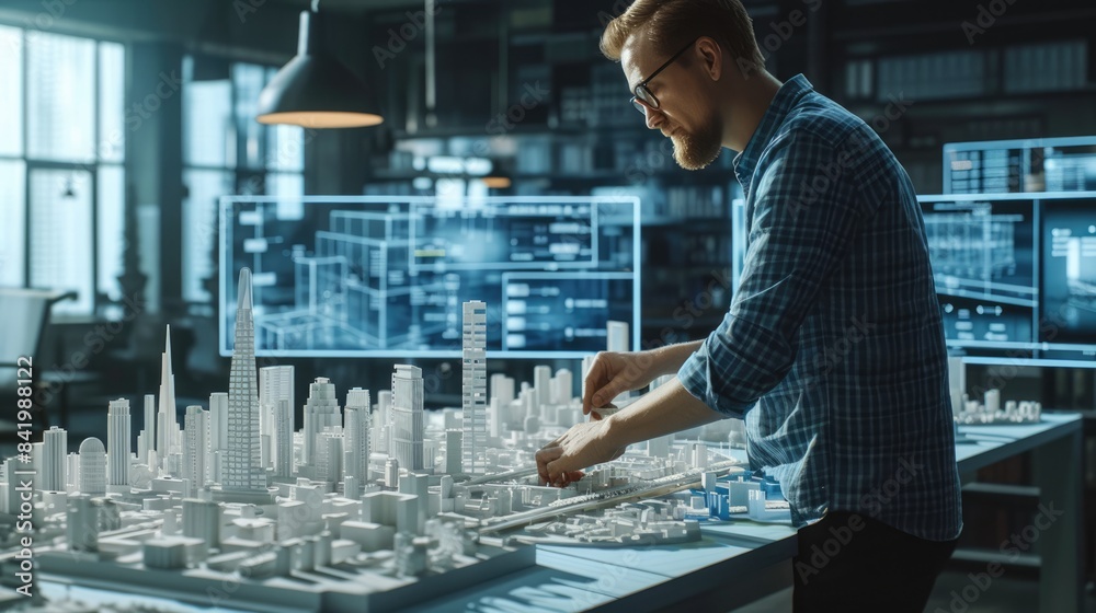Skilled civil engineer planning urban city plan by using model at table ...
