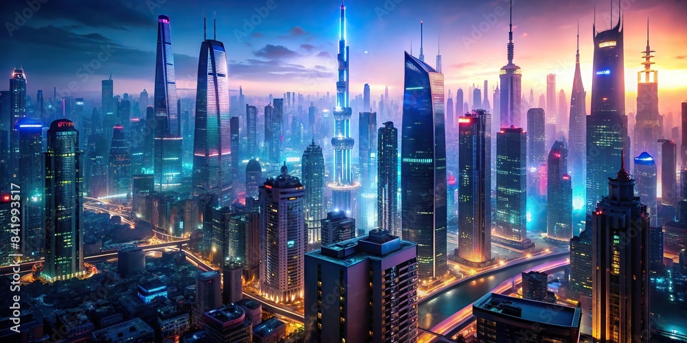 Aerial view of a futuristic Dystopian Shanghai city with cyberpunk ...