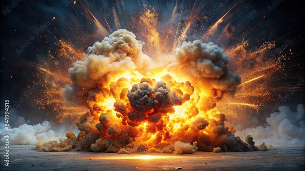A dramatic and dynamic scene featuring a fiery explosion, with ...