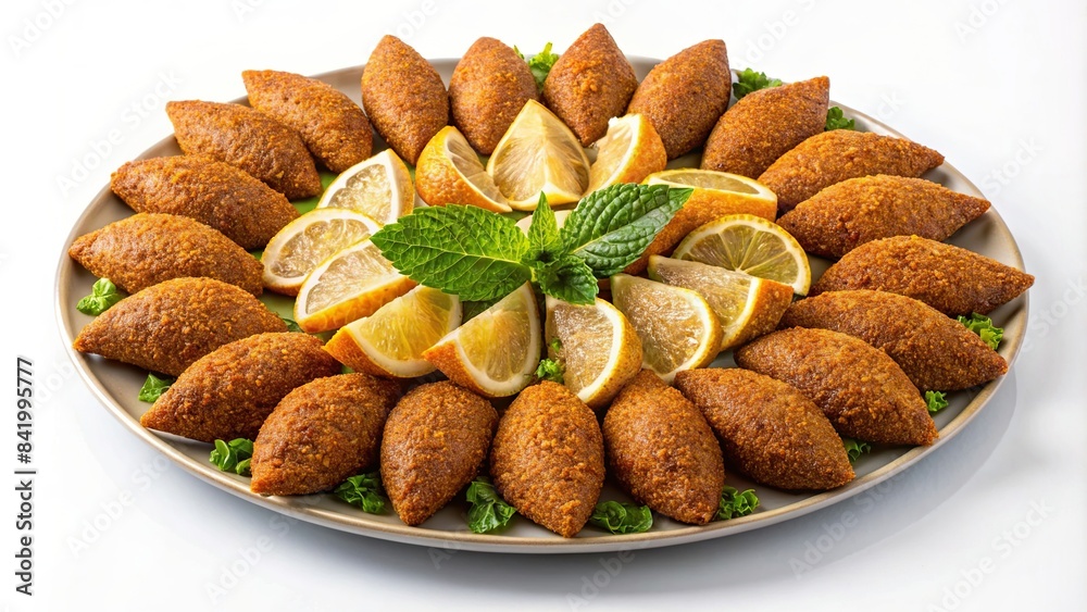 A platter of golden brown kibbeh and kibbeh slices, arranged artfully ...
