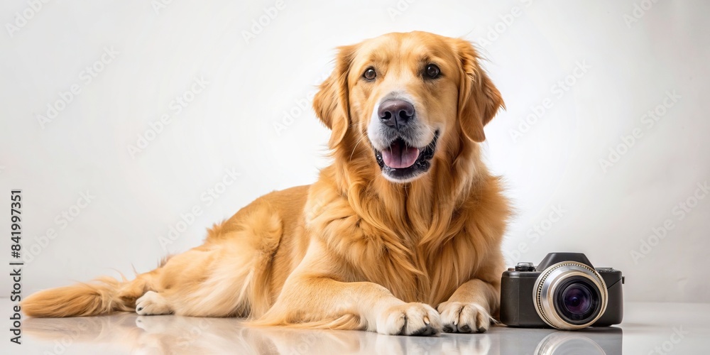 Golden retriever dog posing in front of the camera on a white ...