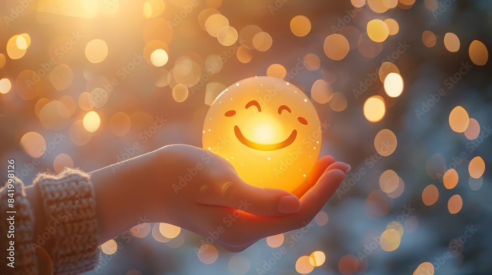 Aerial view of hand grasping a happy smiley 3D emoji sphere, light ...