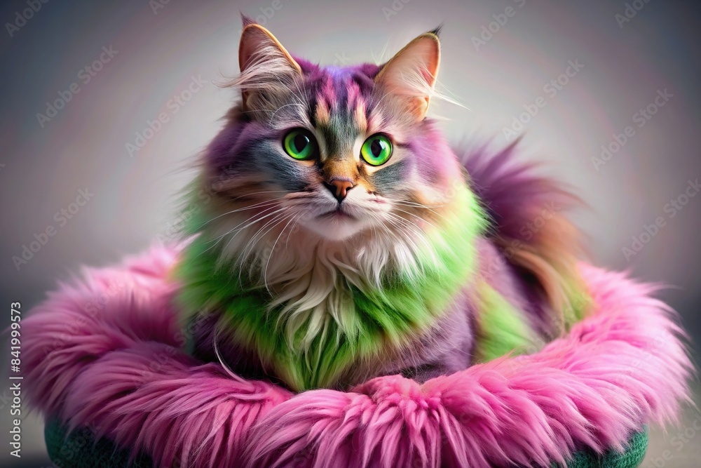 A fluffy pink and purple dyed kitty cat with sparkling green eyes sits ...