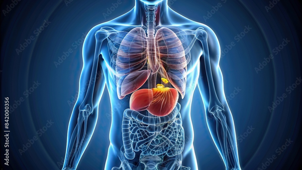 ภาพประกอบสต็อก A detailed rendered of the male liver, showcasing its ...
