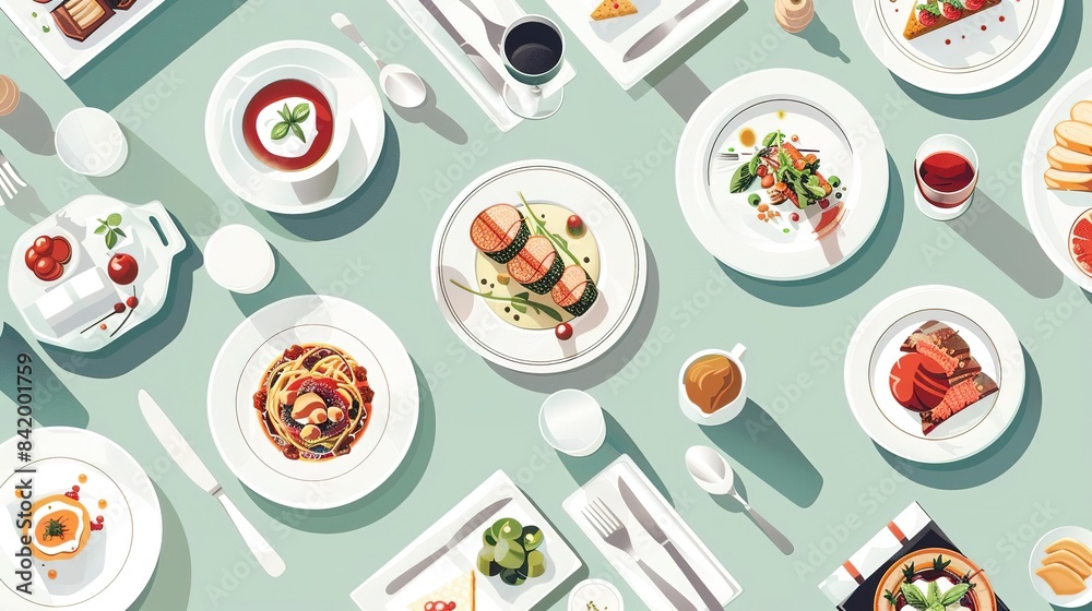 Minimalist flat design of a fine dining poster with images of gourmet ...