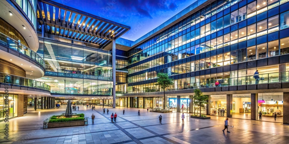 A modern shopping mall illuminated at night, showcasing its ...