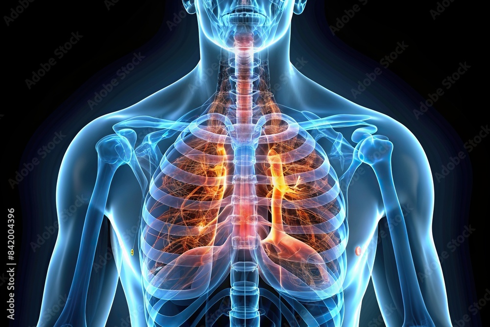 A detailed X-ray image of a human thorax, showcasing the intricate ...