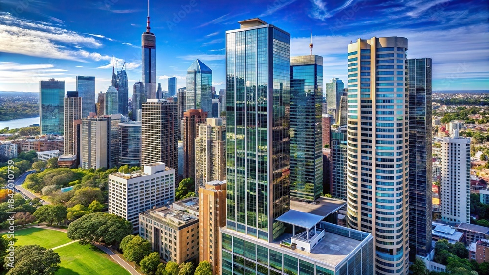 A sleek, modern high-rise building with expansive glass windows ...