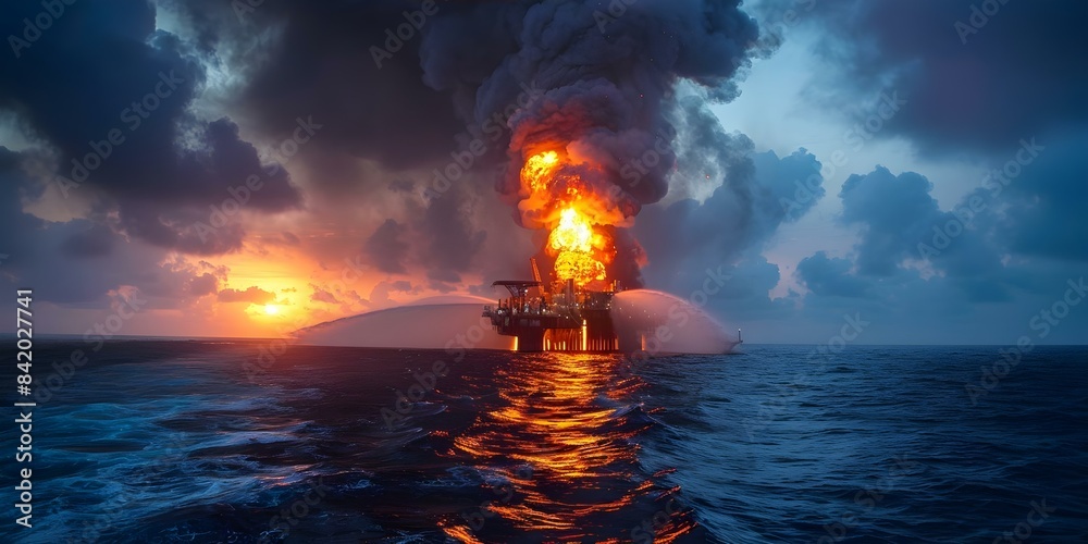 Emergency on Offshore Oil Rig Gas Leak or Explosion Sparks Fire ...