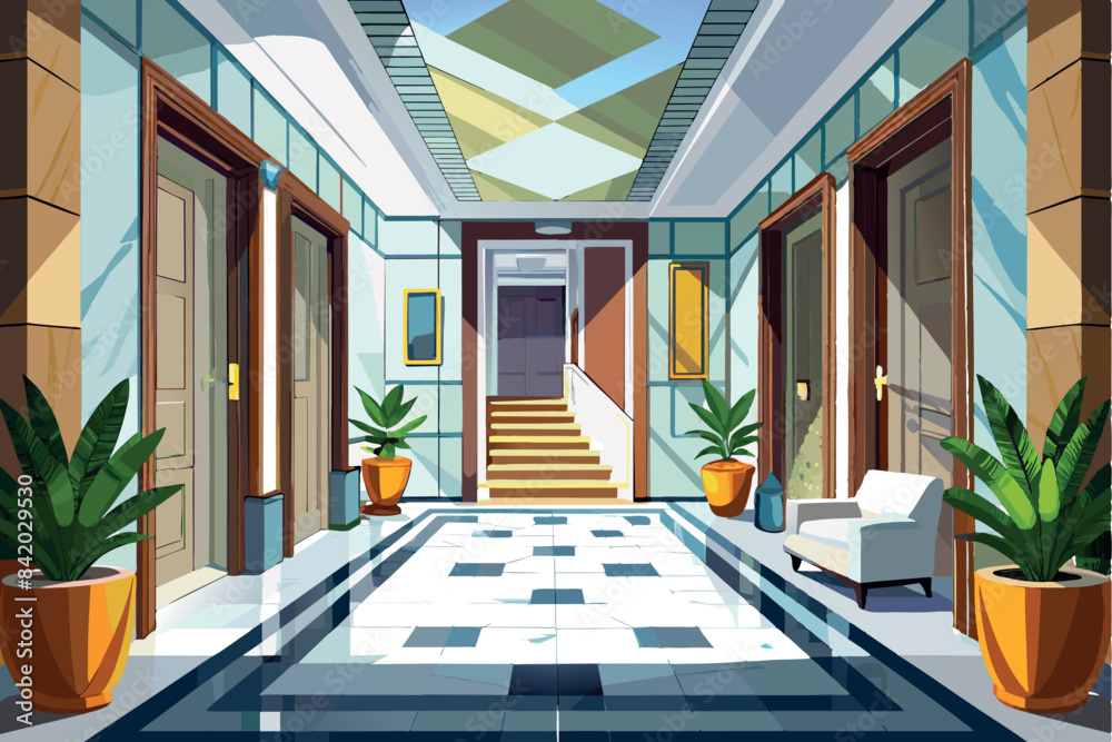 An interior corridor in a modern building. The walls are decorated with ...