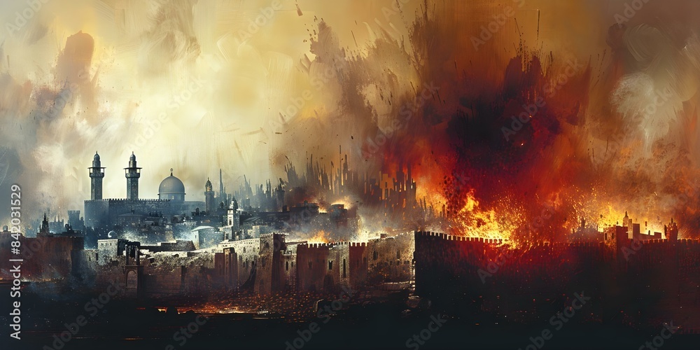 Religious artwork depicting Jerusalem's destruction during the Second Coming of Christ. Concept ...