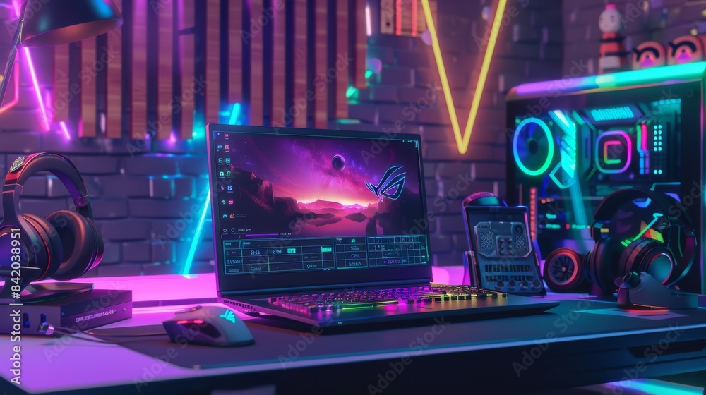 High-tech gaming setup with vibrant neon lights and advanced ...