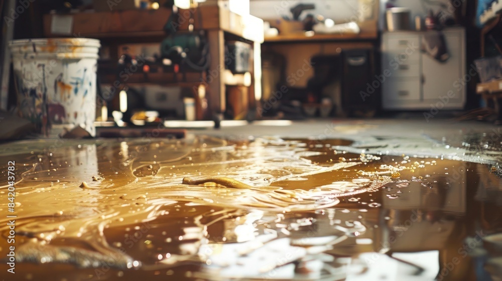 Messy workshop floor with spilled paint. The puddle adds chaos and ...