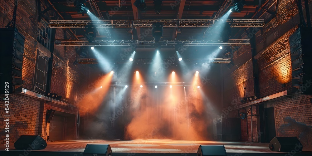 Concert stage with industrial vibe brick walls metal trusses and soft ...