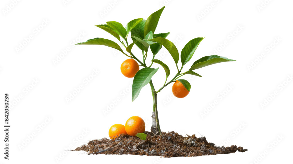 A small orange tree sapling bearing fruit, isolated on a transparent ...
