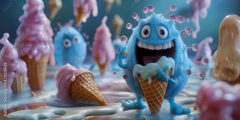Banner with chaos of Ice cream cones with colorful, monstrous creatures ...