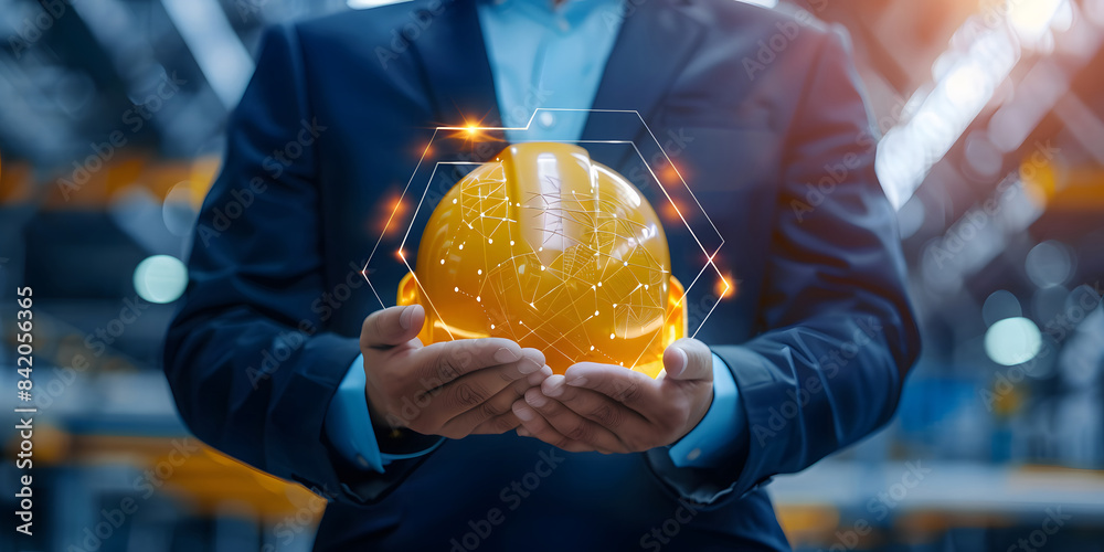 Work safety concept. Businessmen hold virtual safety icons for working ...