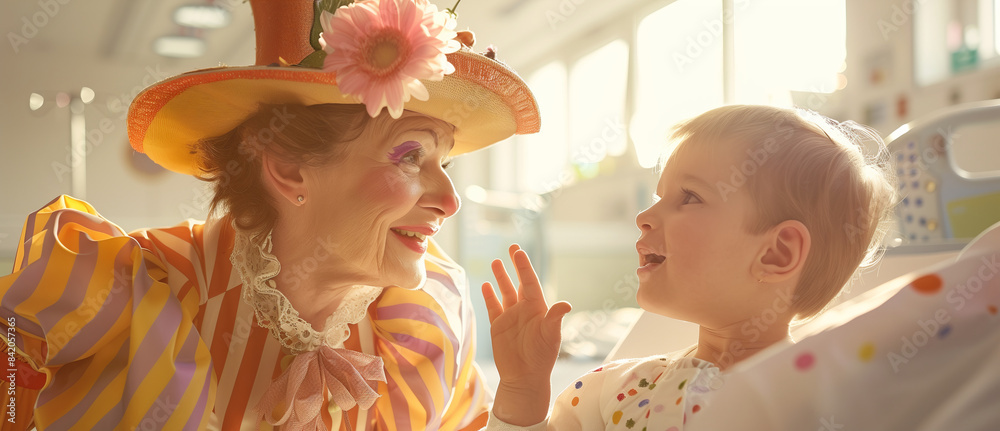 Young volunteer dressed as clown doctor visiting sick child in a ...