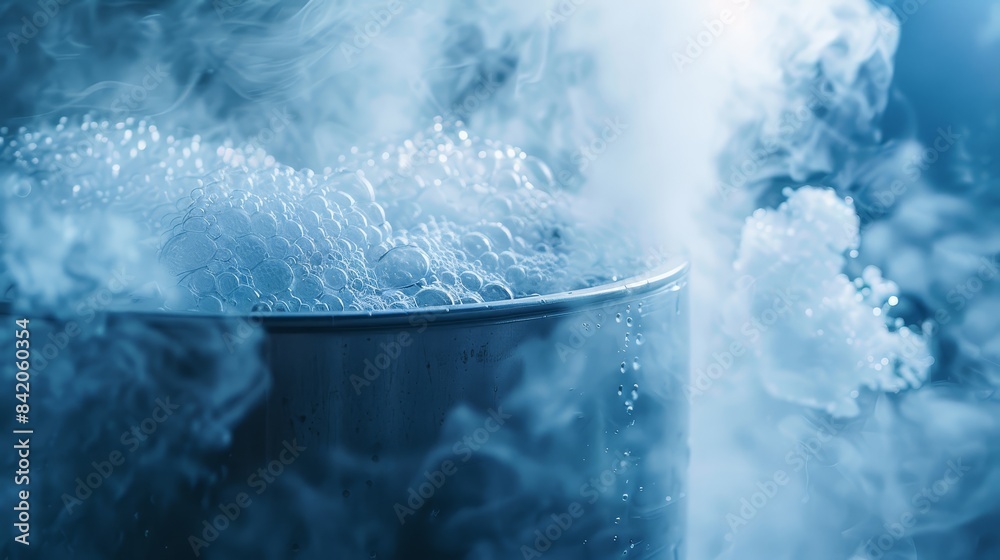 Ultra-realistic close-up of a cryogenic liquid nitrogen bank with cell ...