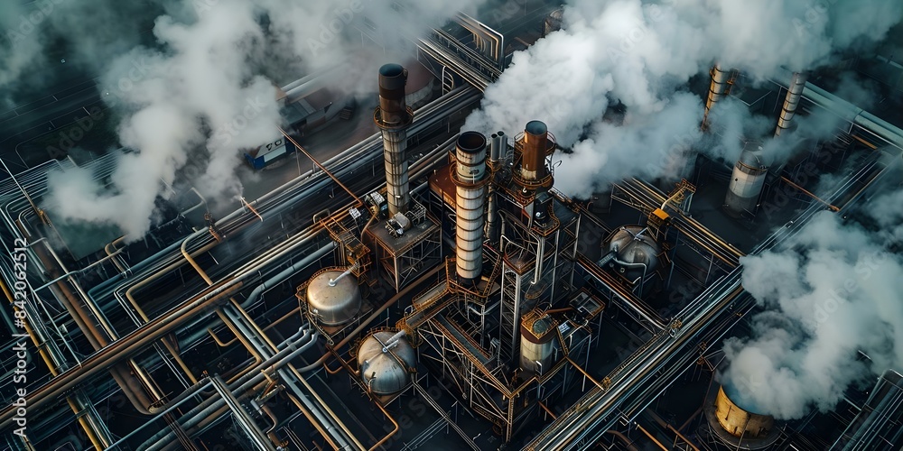 Aerial view of industrial plant with pipes emitting pollution ...