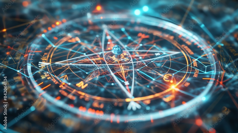 The image of a compass overlaying an intricate network of digital ...