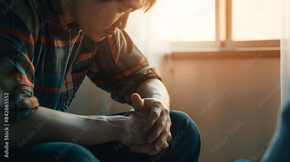 PTSD Mental health concept, Psychologist sitting and touch hand young ...