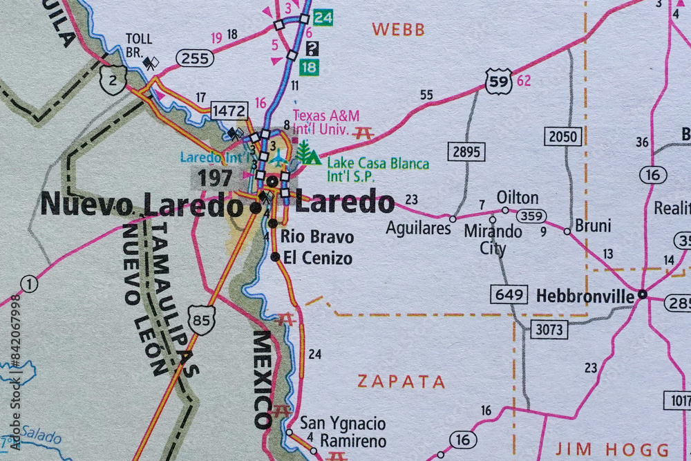Map of the Texas border with Mexico at Laredo and Nuevo Laredo Stock ...