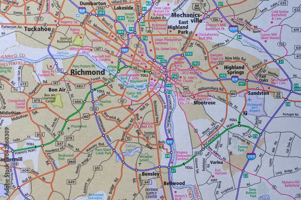 Road map of the Richmond, Virginia area Stock Photo | Adobe Stock