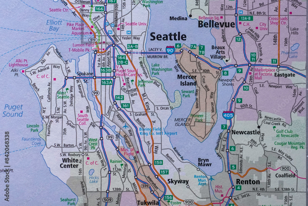 Road map of the Seattle metro area, including Bellevue, Washington ...