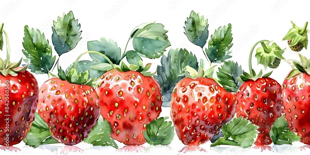 Watercolor border featuring ripe strawberries and leaves on a white ...