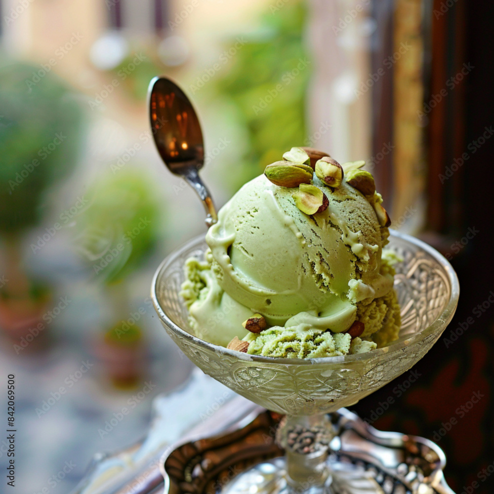 Pistacchio gelato. a scoop of a natural green pistacchio gelato. The ...