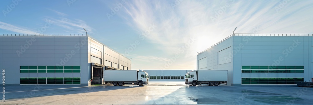 A modern distribution center features delivery trucks, logistics, and ...