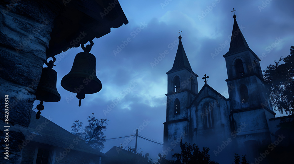 Wide angle, church exterior, bells, ringing, twilight, silhouette ...