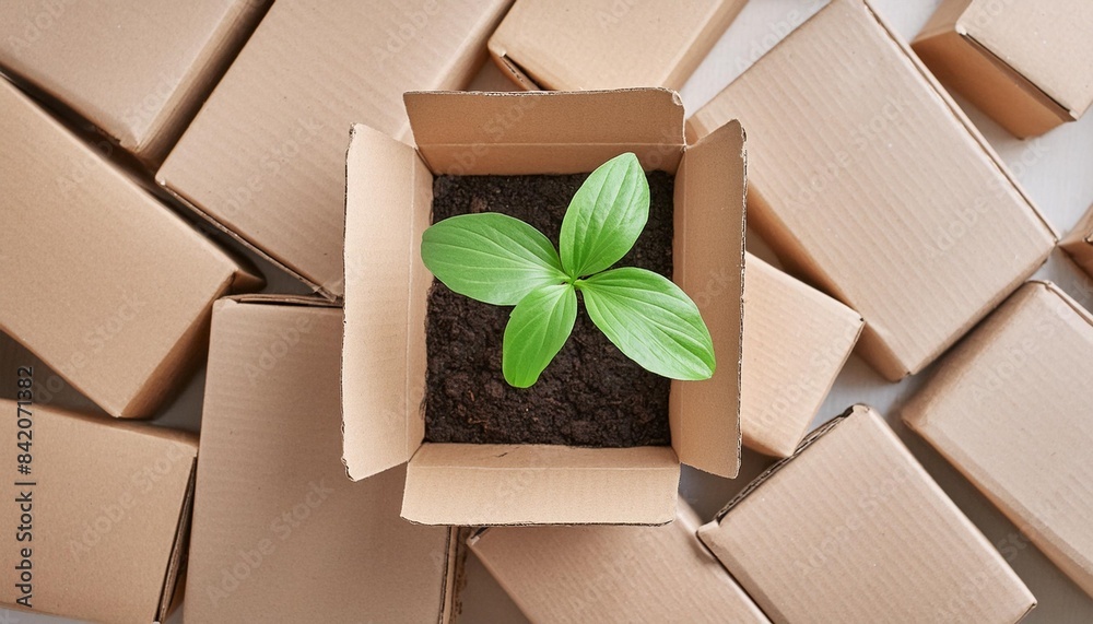 sprout of grean leaves on recycled cardboard boxes top view eco saving ...