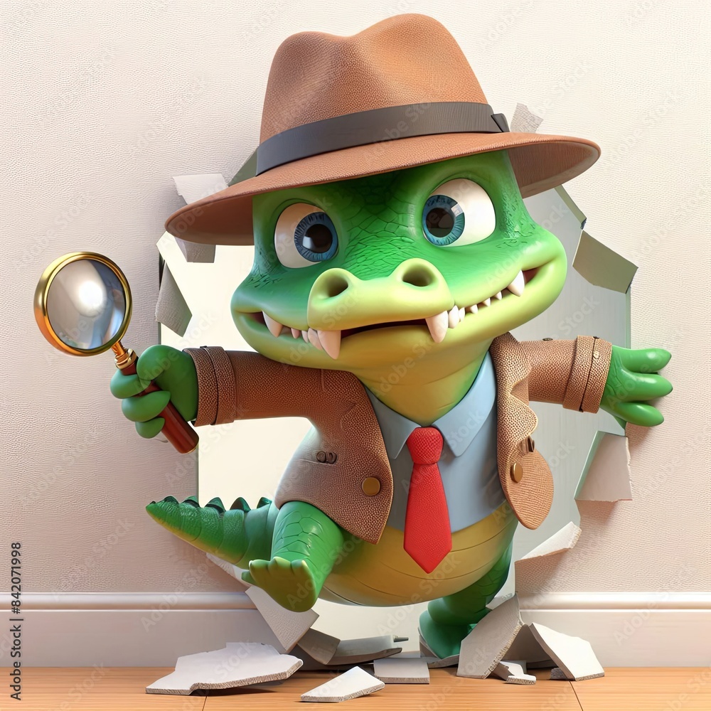 cute crocodile detective breaking through wall , 3d Generative AI Stock ...