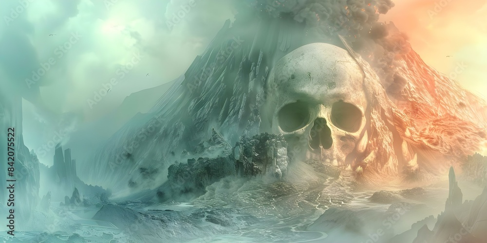 Fantasy landscape featuring a giant skull volcanic mountain in a cursed ...