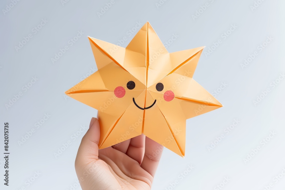 Origami sun with smiley face life, light, energy, spirituality on white ...