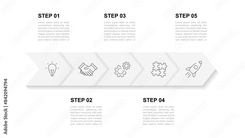 A sequential infographic of 5 consecutive stages or steps, options with ...