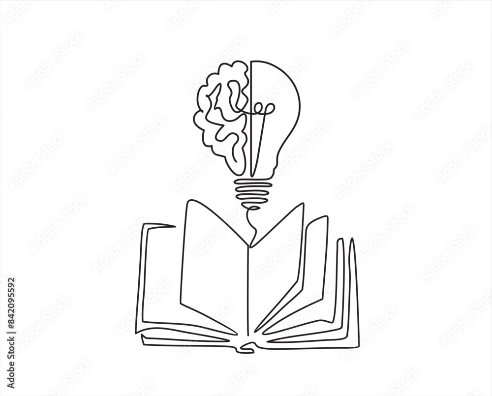 One single line drawing of shining light bulb with human brain above open text book logo ...