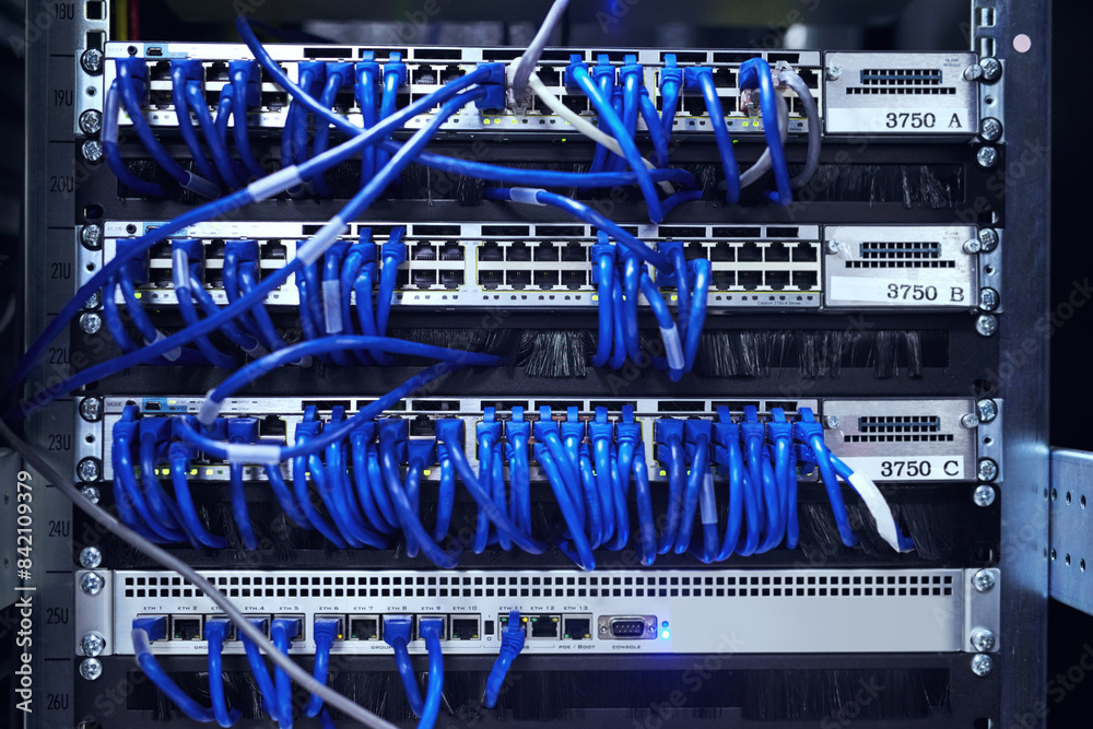 Data Center Cables And Cloud Computing In Server Room For Information Technology Configuration