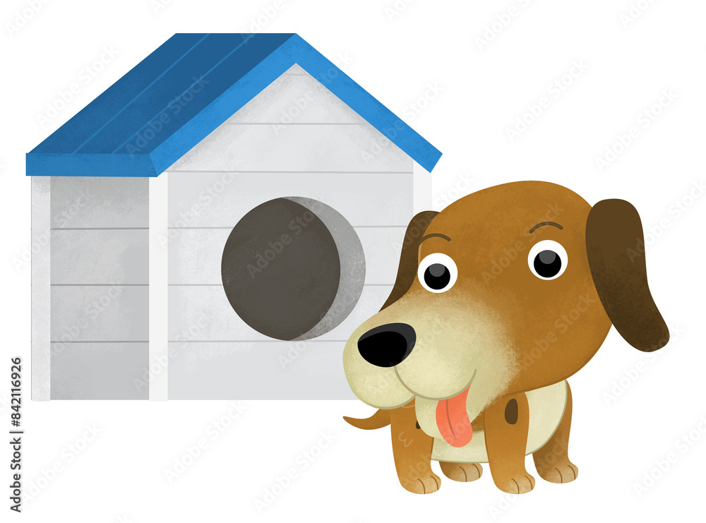 cartoon scene with city or farm animal dog having fun near the kennel ...