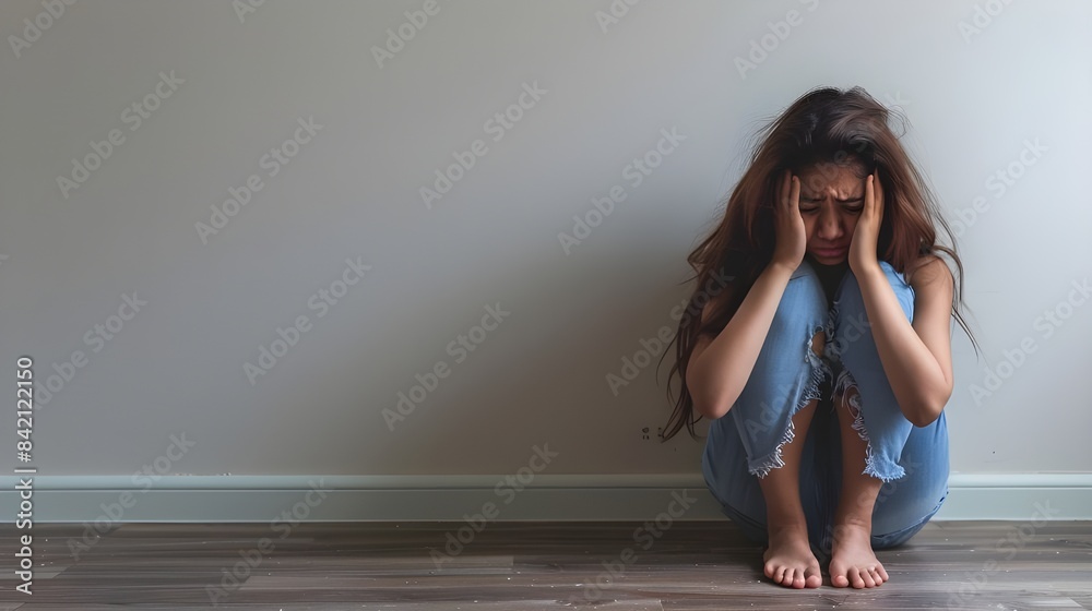 Sad depressed teenager girl sitting on floor indoors, hiding face ...