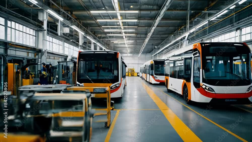 A modern bus manufacturing workshop with multiple electric buses on the ...
