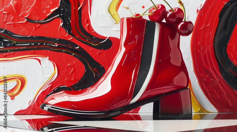 Brightly colored patent boot with scattered cherries, on a rich red ...