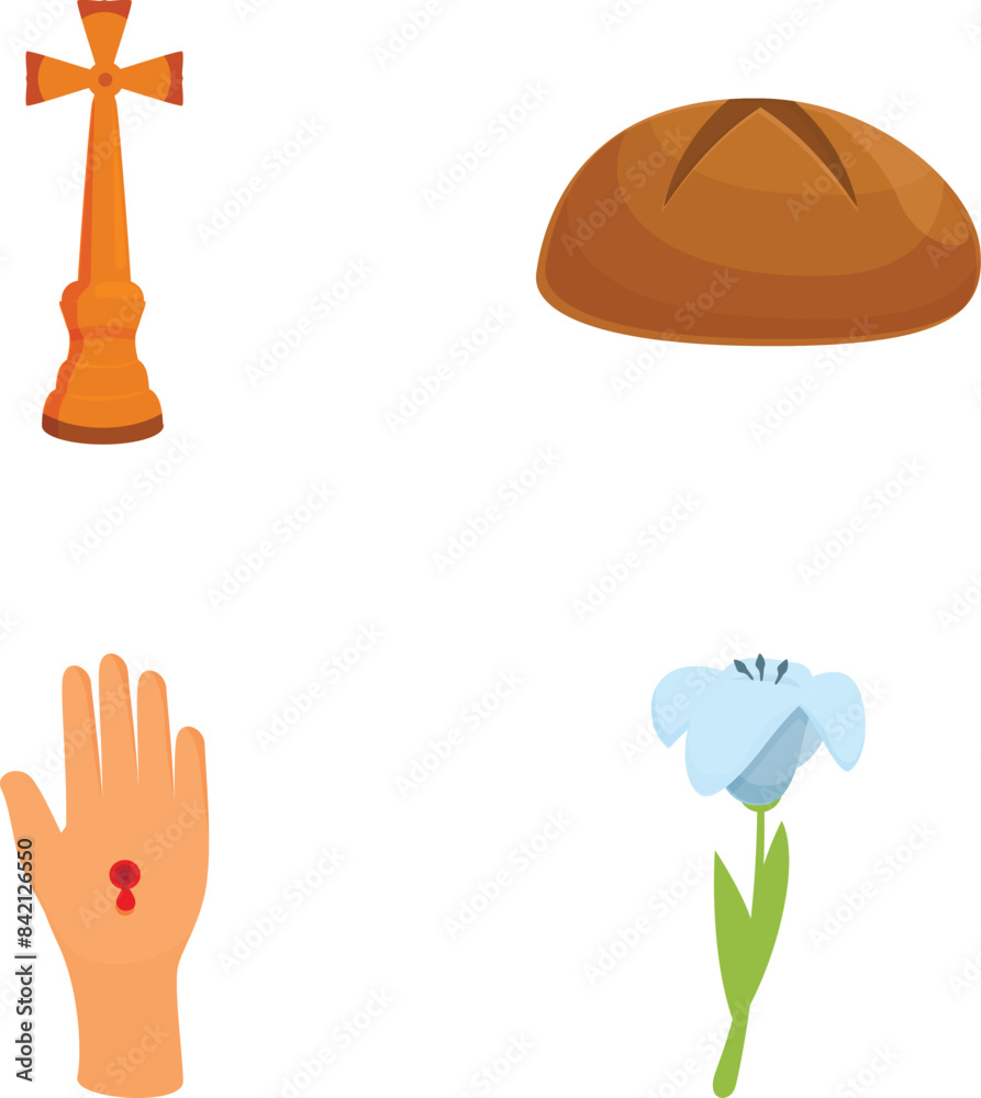 Set of four diverse religious icons including a cross, bread, hand with ...
