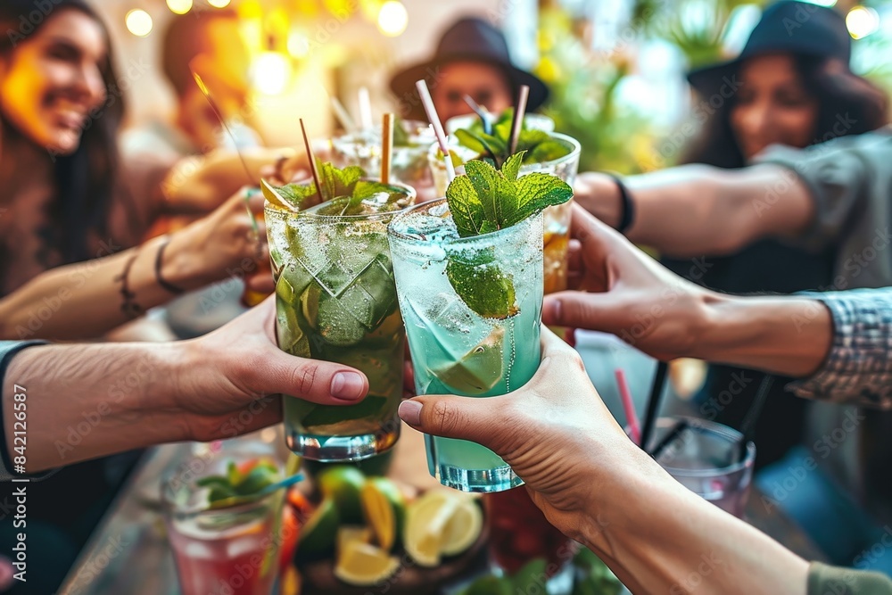 Happy friends group cheering mojito drinks at fancy bar restaurant ...