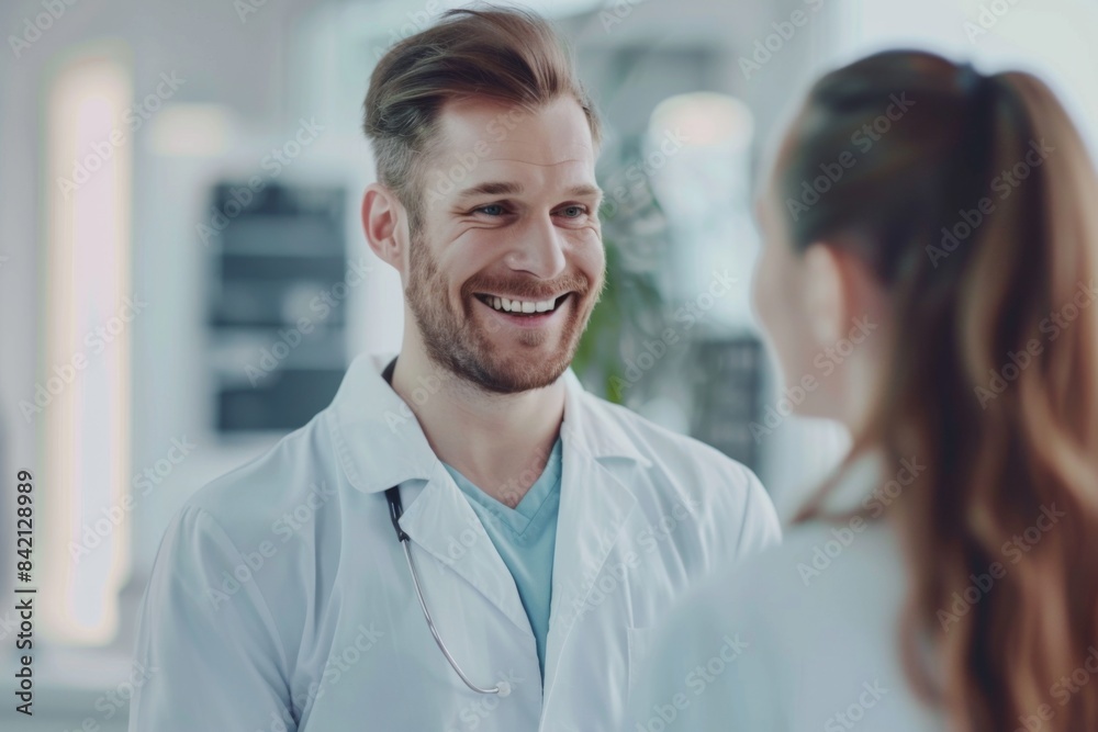 Smiling doctor having a friendly conversation with a nurse in a modern ...