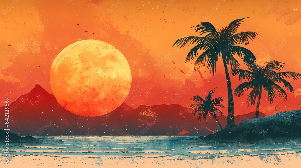 Boho Groovy Palm Tree Beach Scene with Sun and Sea - A Retro, Naive ...