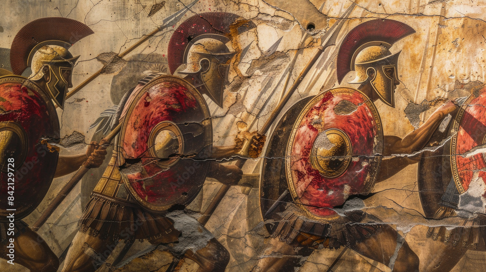 Ancient Greek Warriors Old Wall Painting With Military Spartan Men