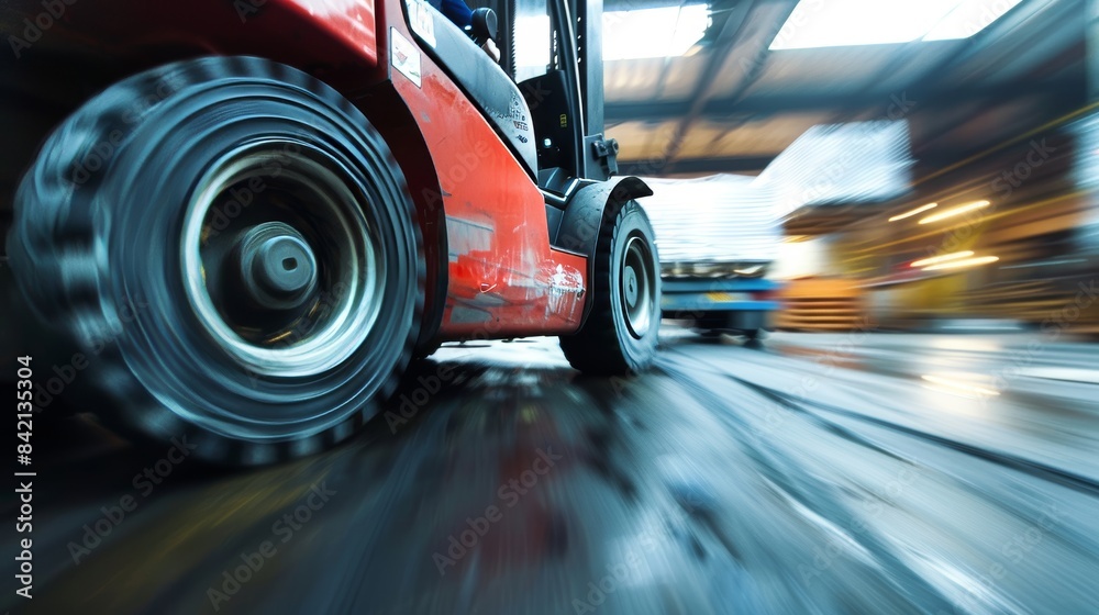 Dynamic Motion CloseUp of Forklift Wheels in Action Blurring Background ...